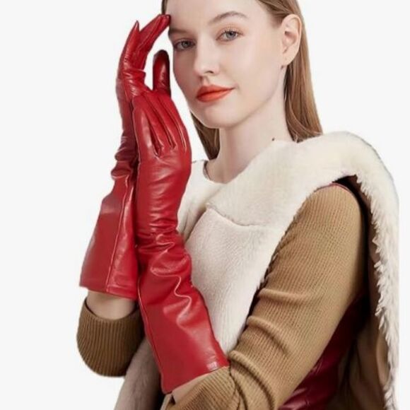 Accessories | Nwt Sealed Genuine Lambskin Leather Long Red Gloves Size ...